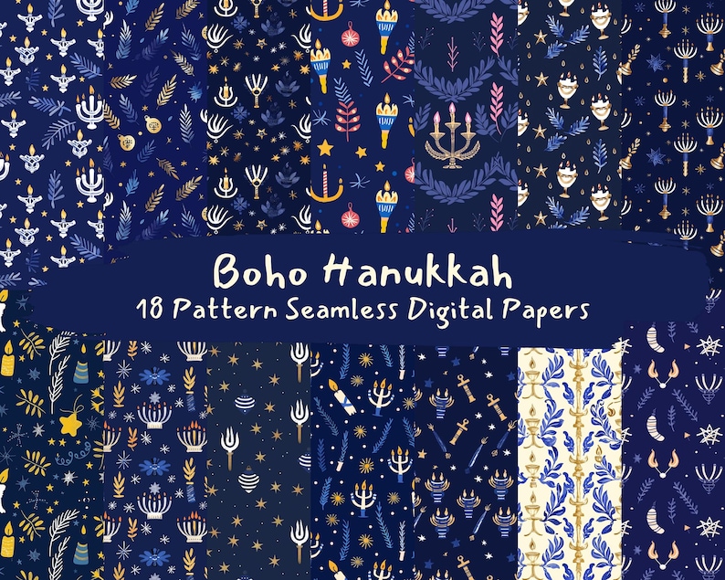 Boho Hanukkah Pattern Seamless Digital Papers - Printable Scrapbook ...