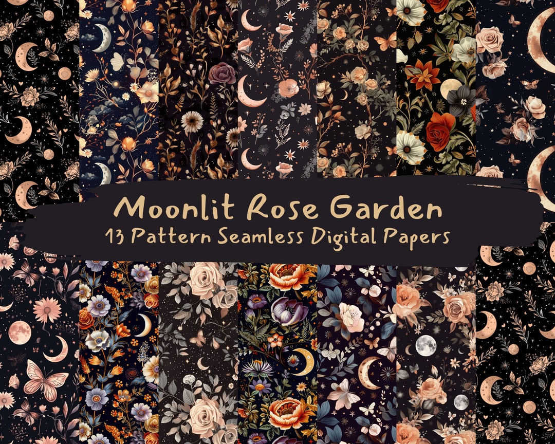 Moonlit Rose Garden Pattern Seamless Digital Papers - Printable ...