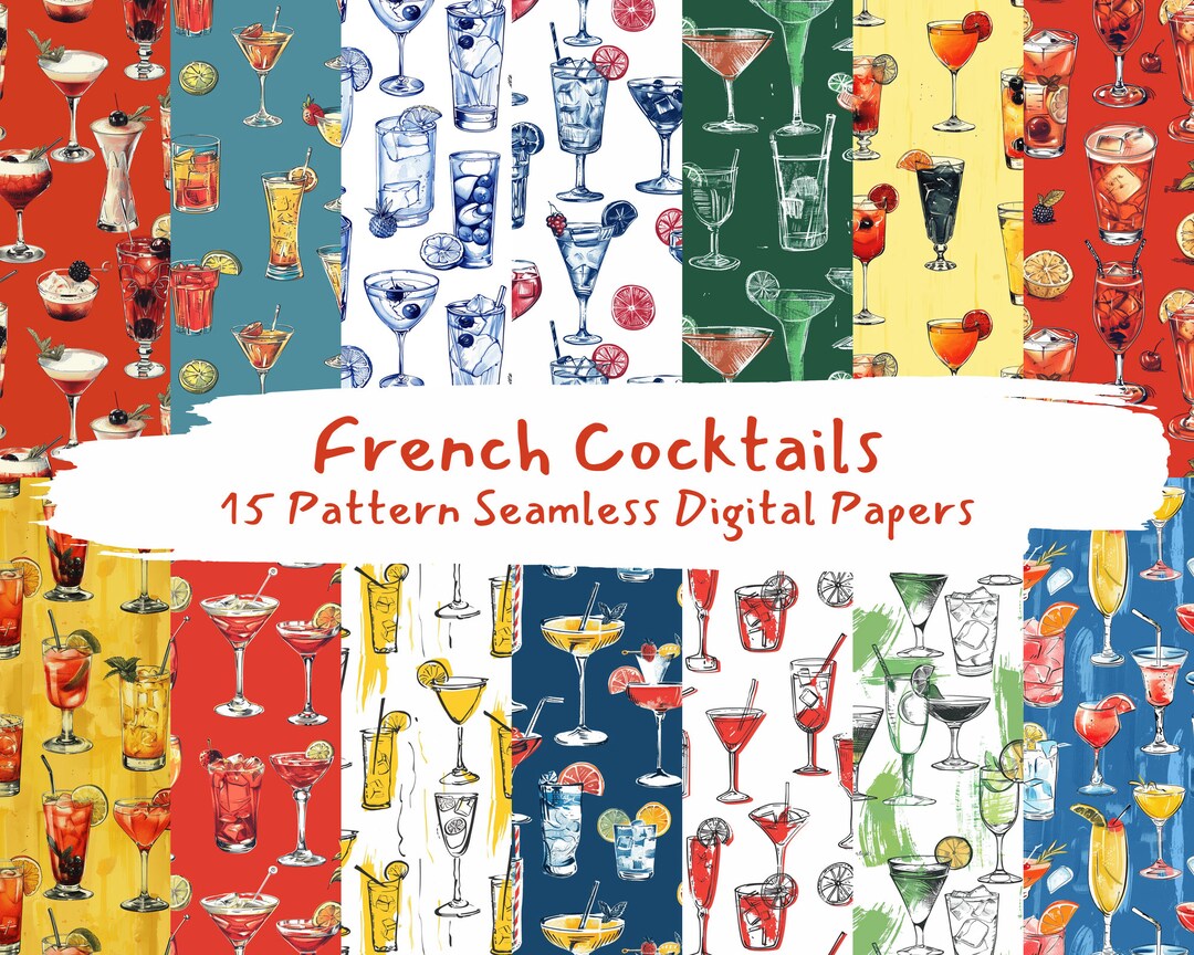 French Cocktails Pattern Seamless Digital Papers - Printable Scrapbook ...