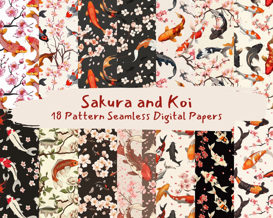 Sakura and Koi Pattern Seamless Digital Papers - Printable Scrapbook ...