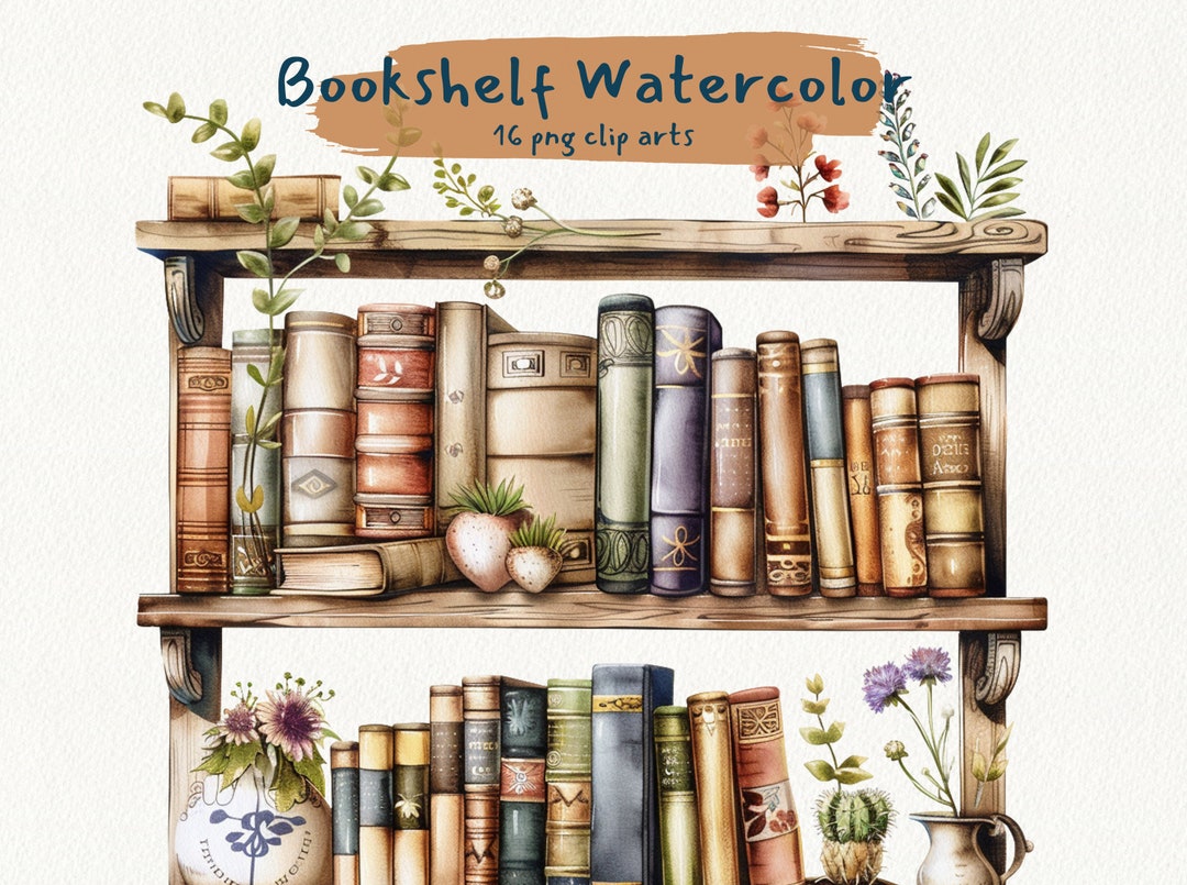Bookshelf Watercolor Printable Clipart, Png Format, Transparent ...