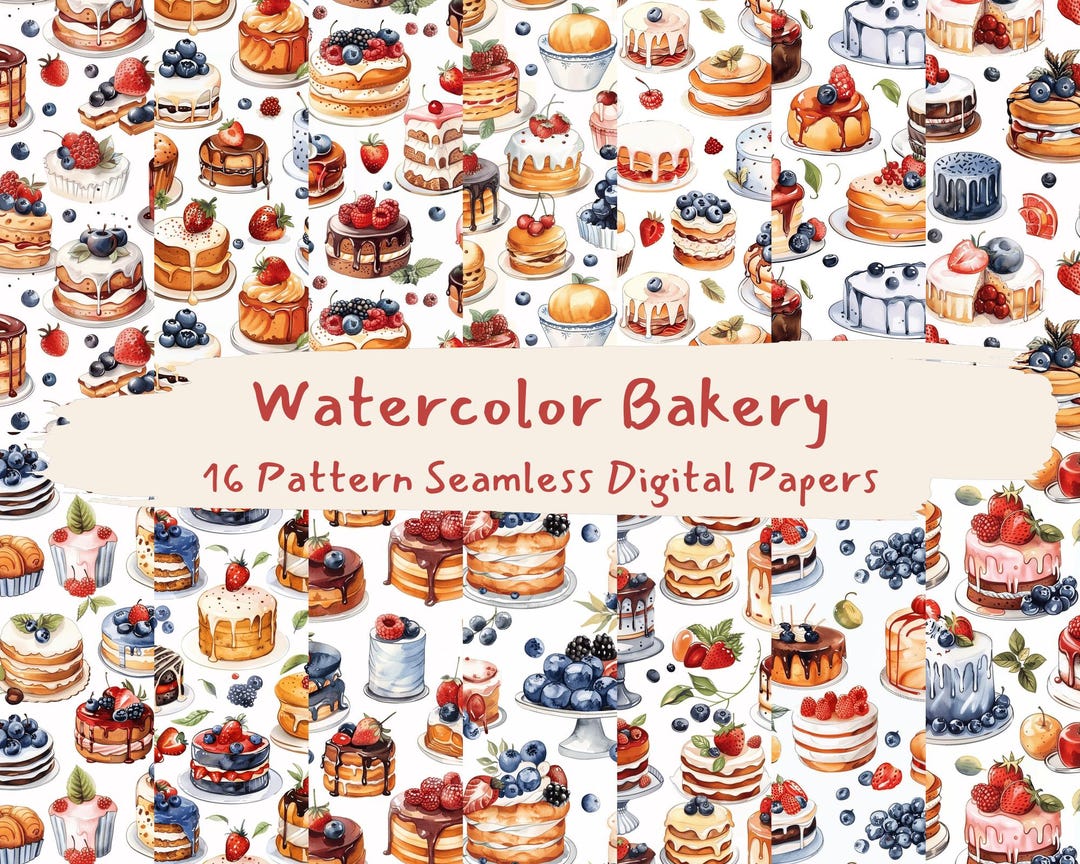 Watercolor Bakery Pattern Seamless Digital Papers - Printable Scrapbook ...