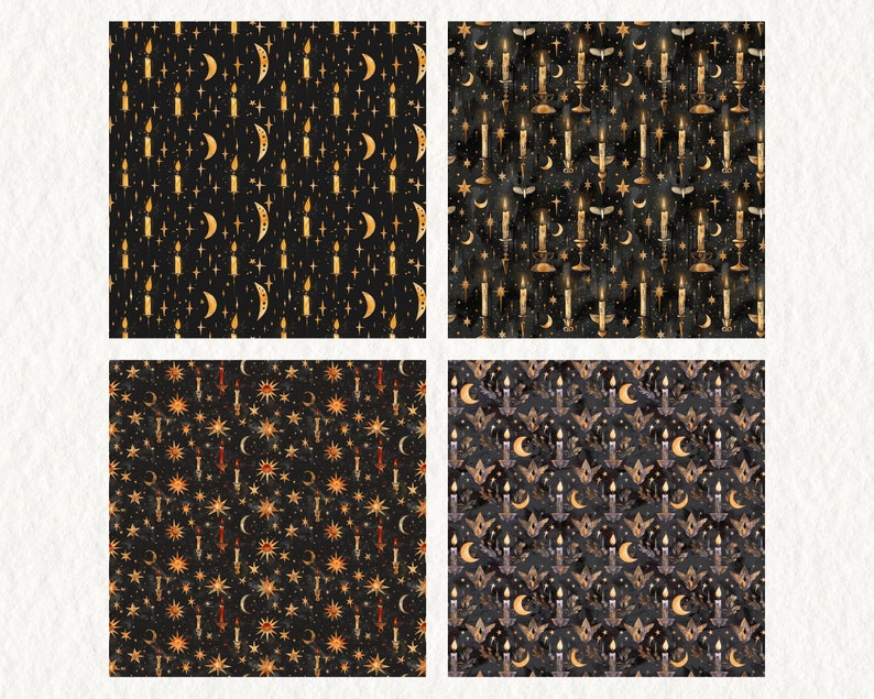 Moon, Stars, Candles Pattern Seamless Digital Papers - Printable ...
