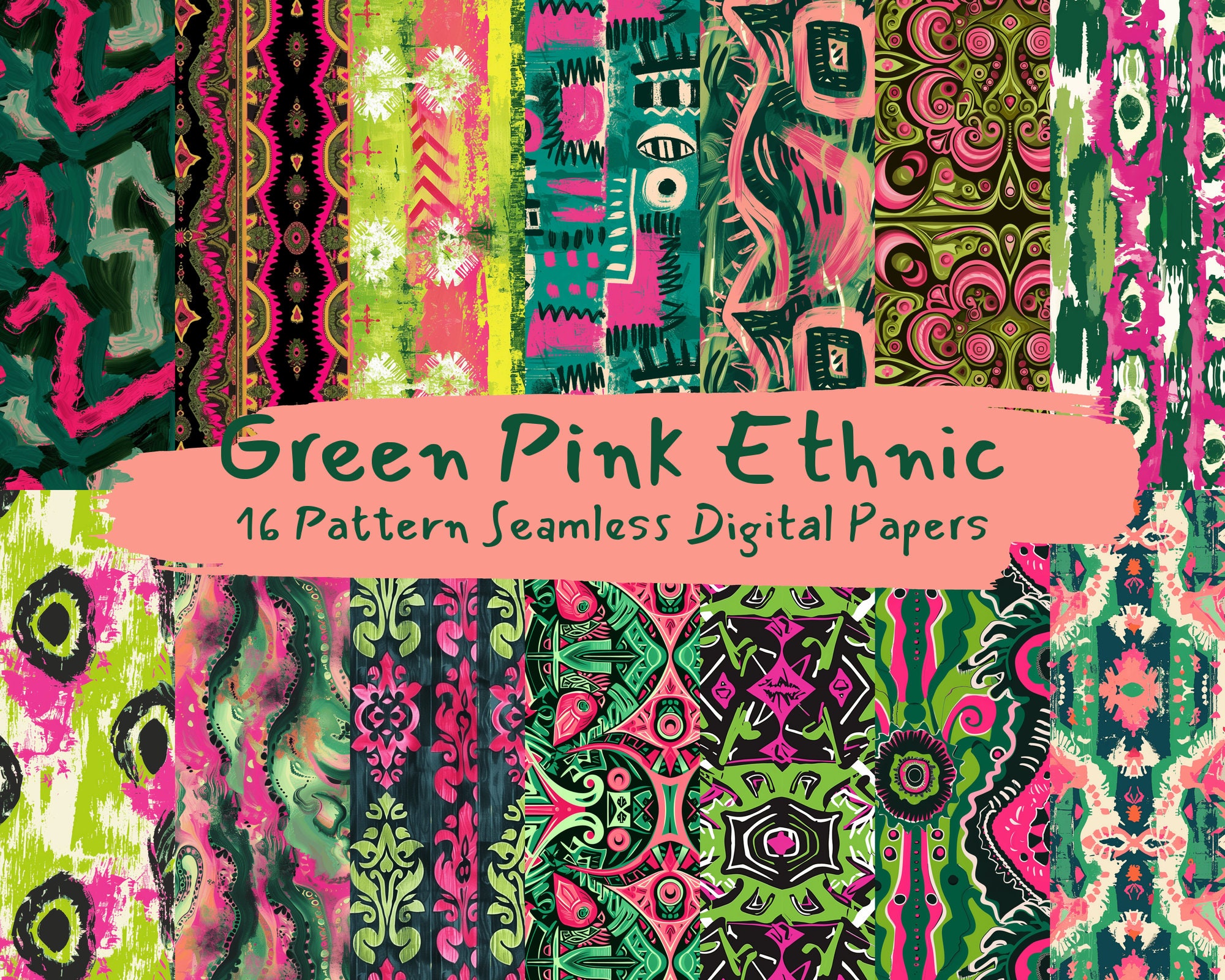 Green Pink Ethnic Pattern Seamless Digital Papers - Printable Scrapbook ...