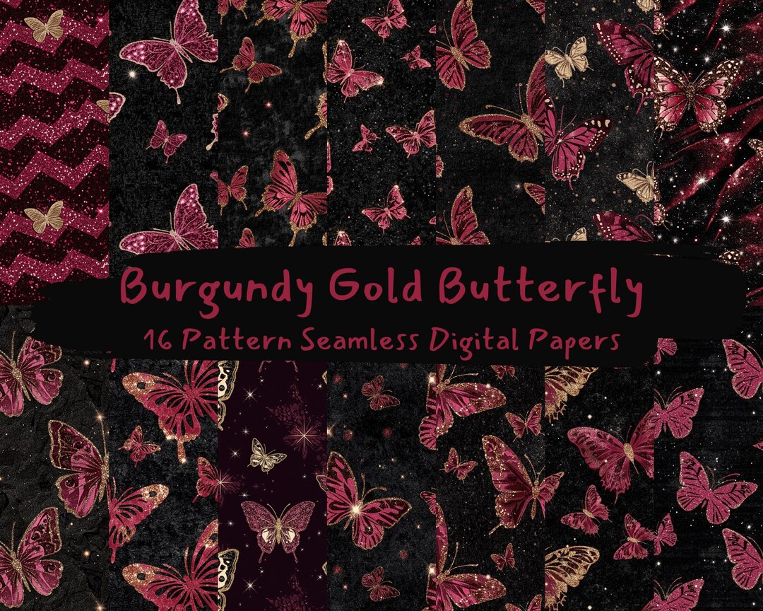 Burgundy Gold Butterfly Pattern Seamless Digital Papers - Printable ...