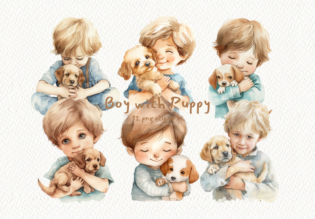 Boy With Puppy Digital Printable Clip Art Graphics in PNG Format ...