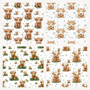 Daisy Highland Cow Pattern Seamless Digital Papers - Printable ...