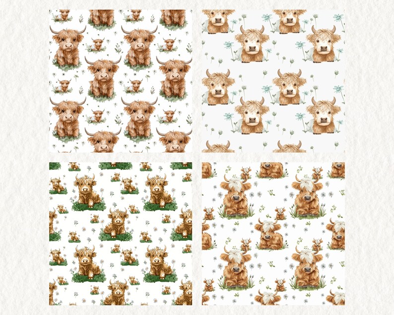 Daisy Highland Cow Pattern Seamless Digital Papers Printable Scrapbook ...