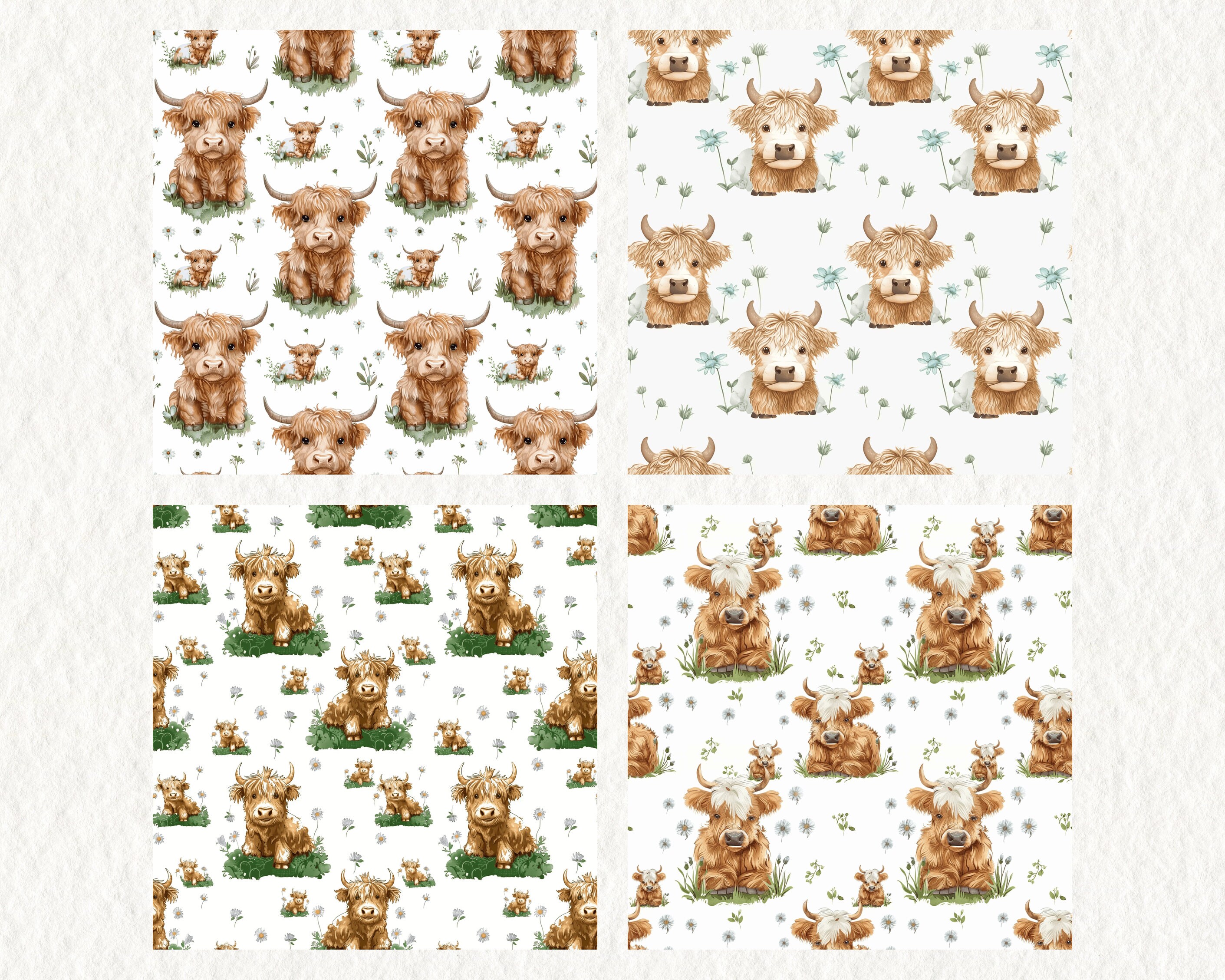 Daisy Highland Cow Pattern Seamless Digital Papers - Printable ...