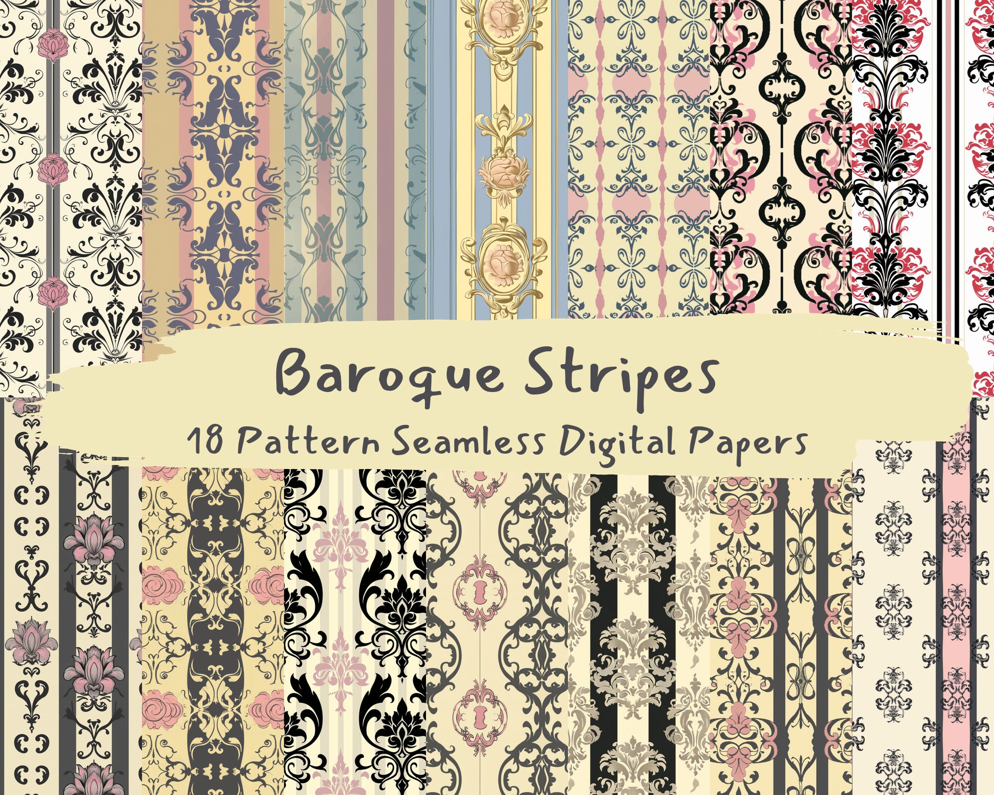 Baroque Stripes Pattern Seamless Digital Papers Printable Scrapbook ...