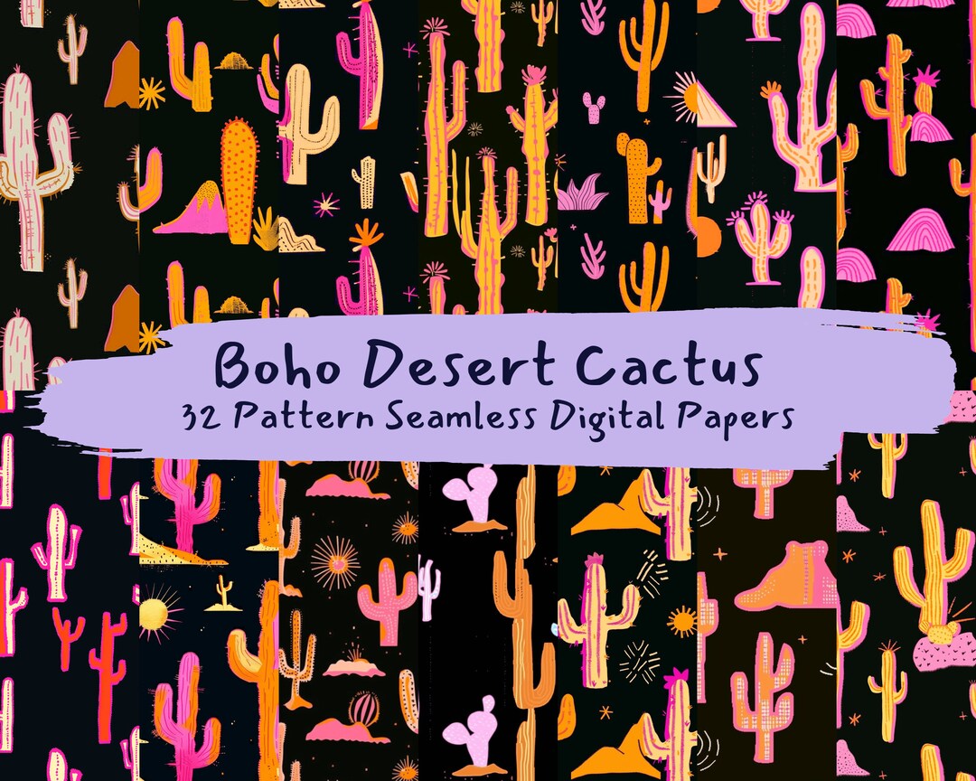 Boho Desert Cactus Pattern Seamless Digital Papers - Printable ...