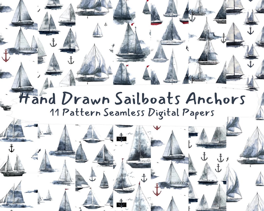 Hand Drawn Sailboats Anchors Pattern Seamless Digital Papers ...