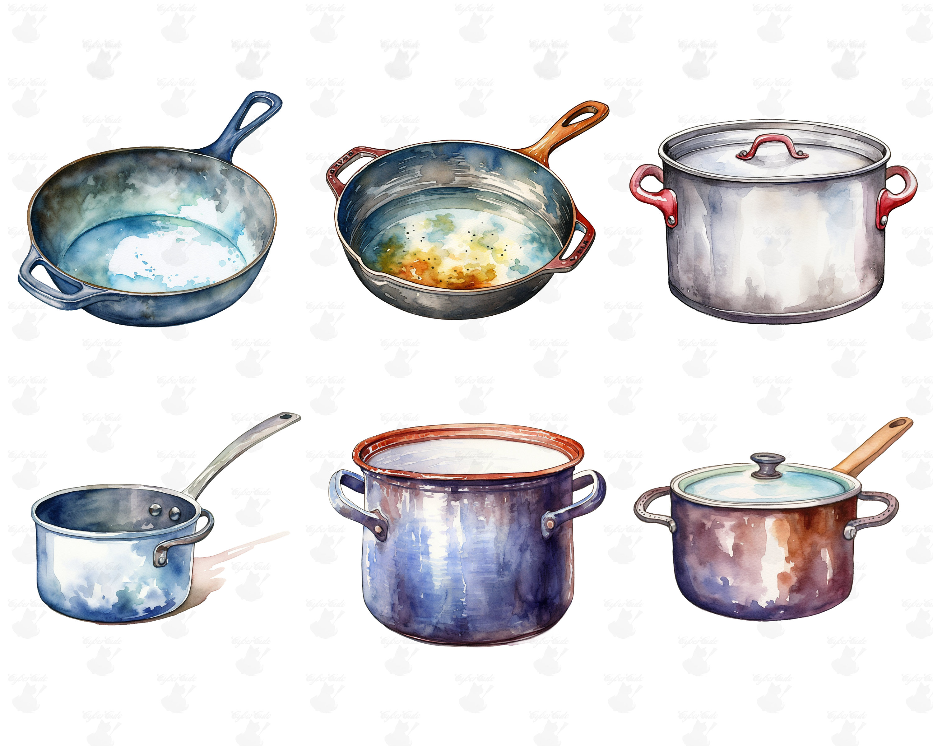 Watercolor Cookware Digital Printable Clipart Bundle in PNG Format ...