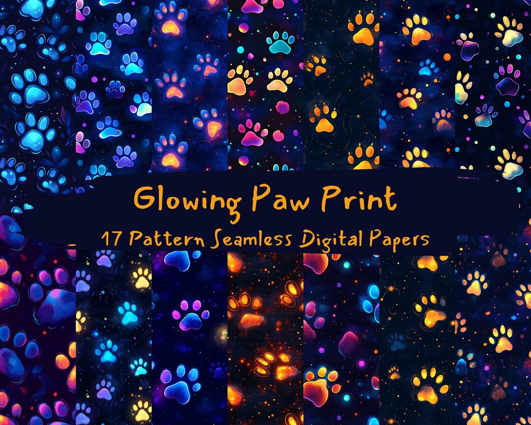 Glowing Paw Print Pattern Seamless Digital Papers - Printable Scrapbook ...