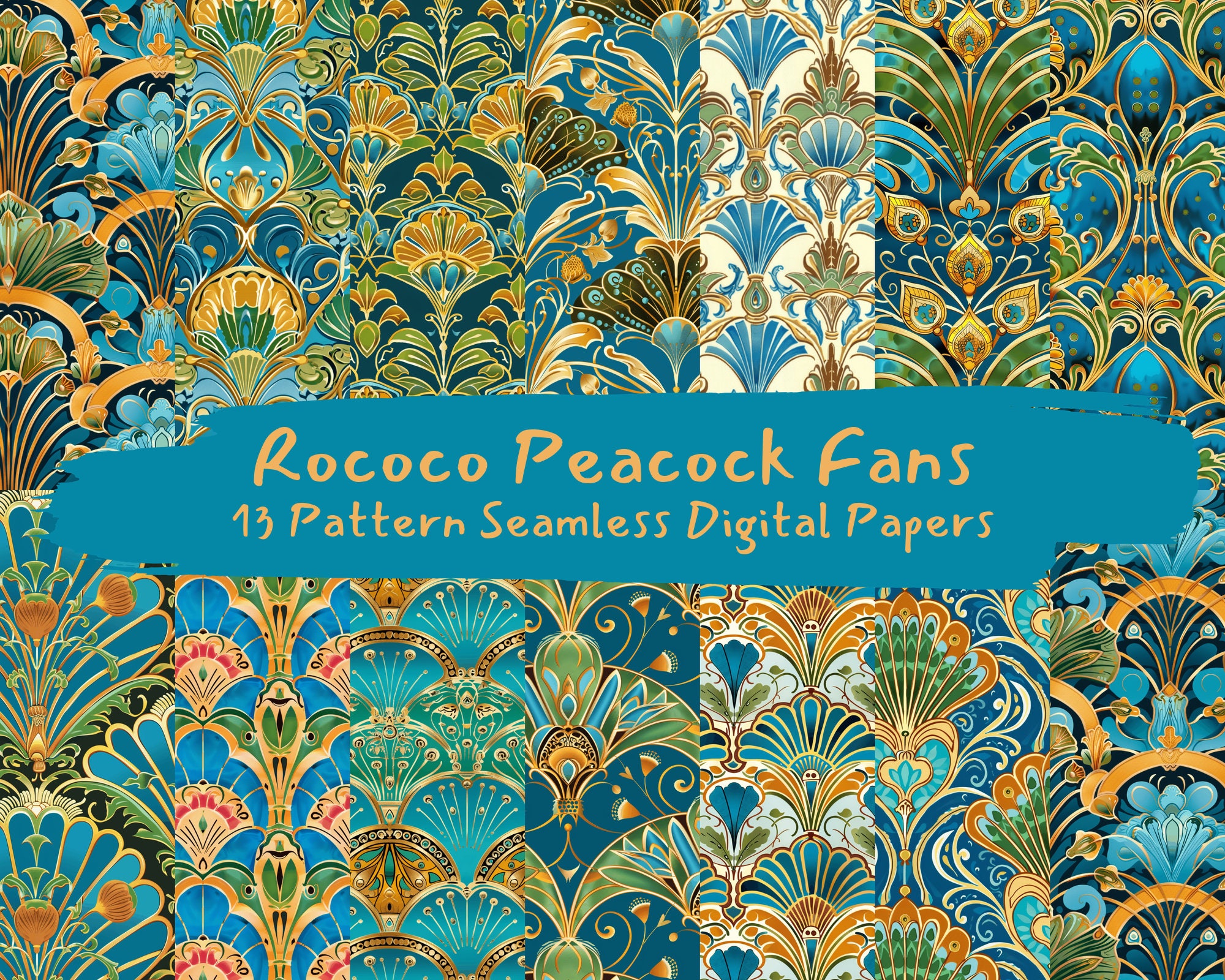 Rococo Peacock Fans Pattern Seamless Digital Papers - Printable ...