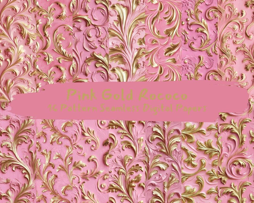 Pink Gold Rococo Pattern Seamless Digital Papers - Printable Scrapbook ...