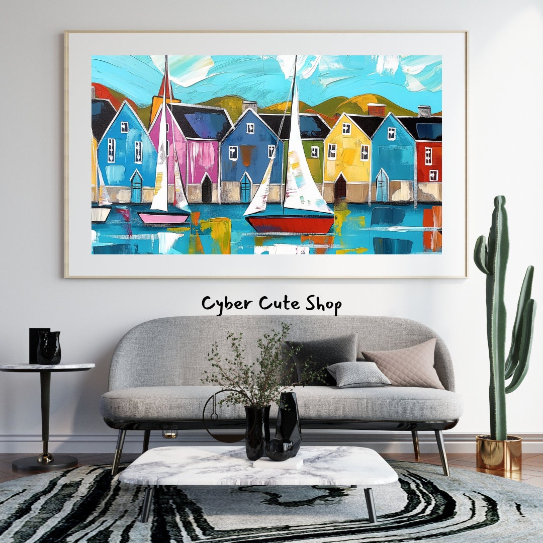Vibrant Marina Harbor Scene With Sailboats - Abstract Coastal Wall Art ...