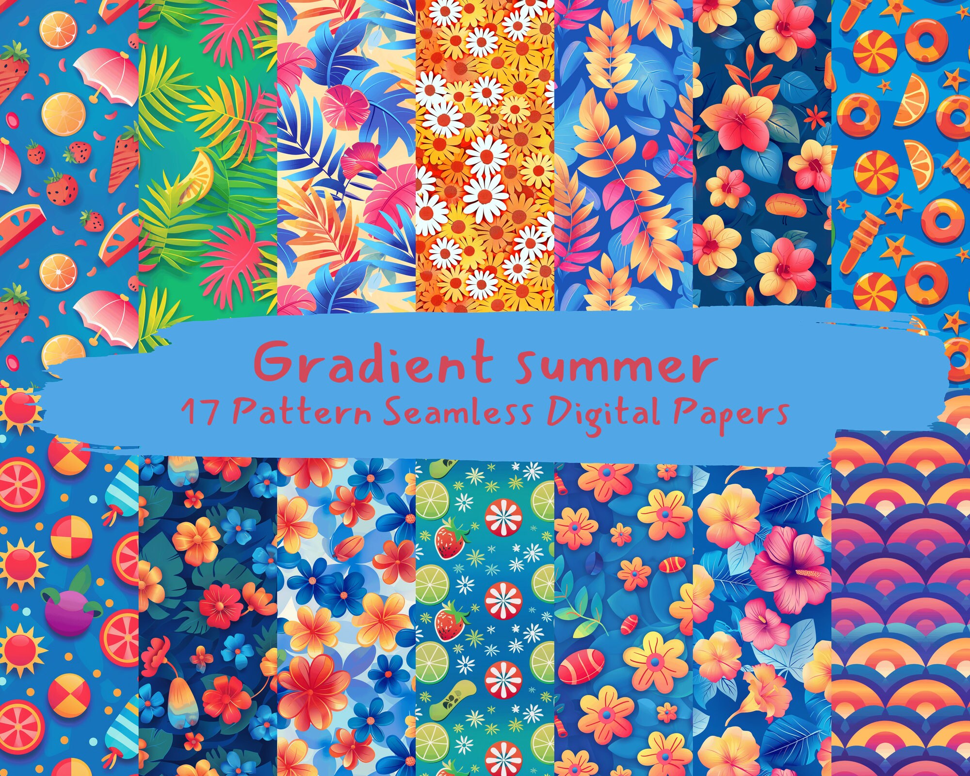 Gradient Summer Pattern Seamless Digital Papers - Printable Scrapbook Paper Png Instant Download ...
