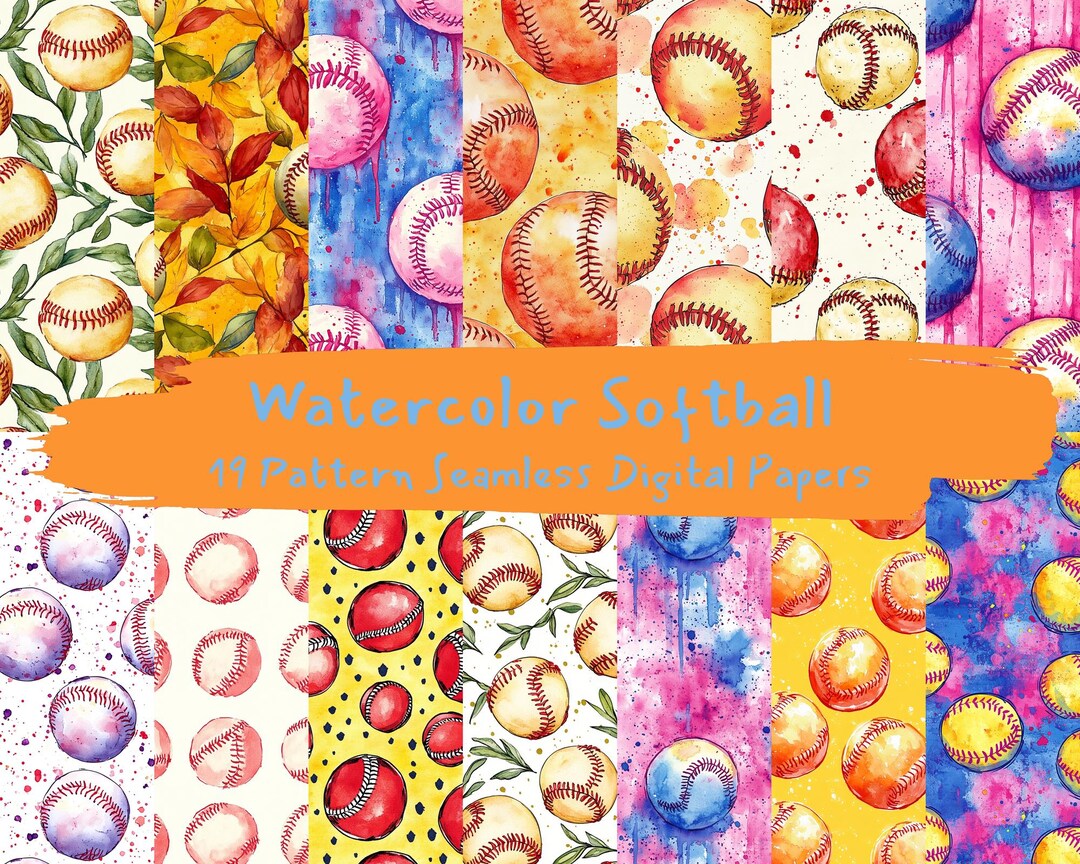 Watercolor Softball Pattern Seamless Digital Papers - Printable ...