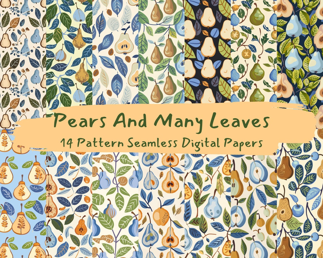 Pears and Many Leaves Pattern Seamless Digital Papers - Printable ...