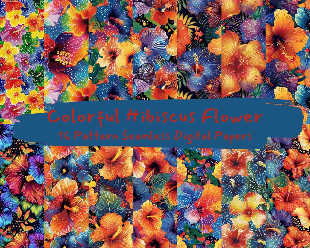 Colorful Hibiscus Flower Pattern Seamless Digital Papers - Printable ...