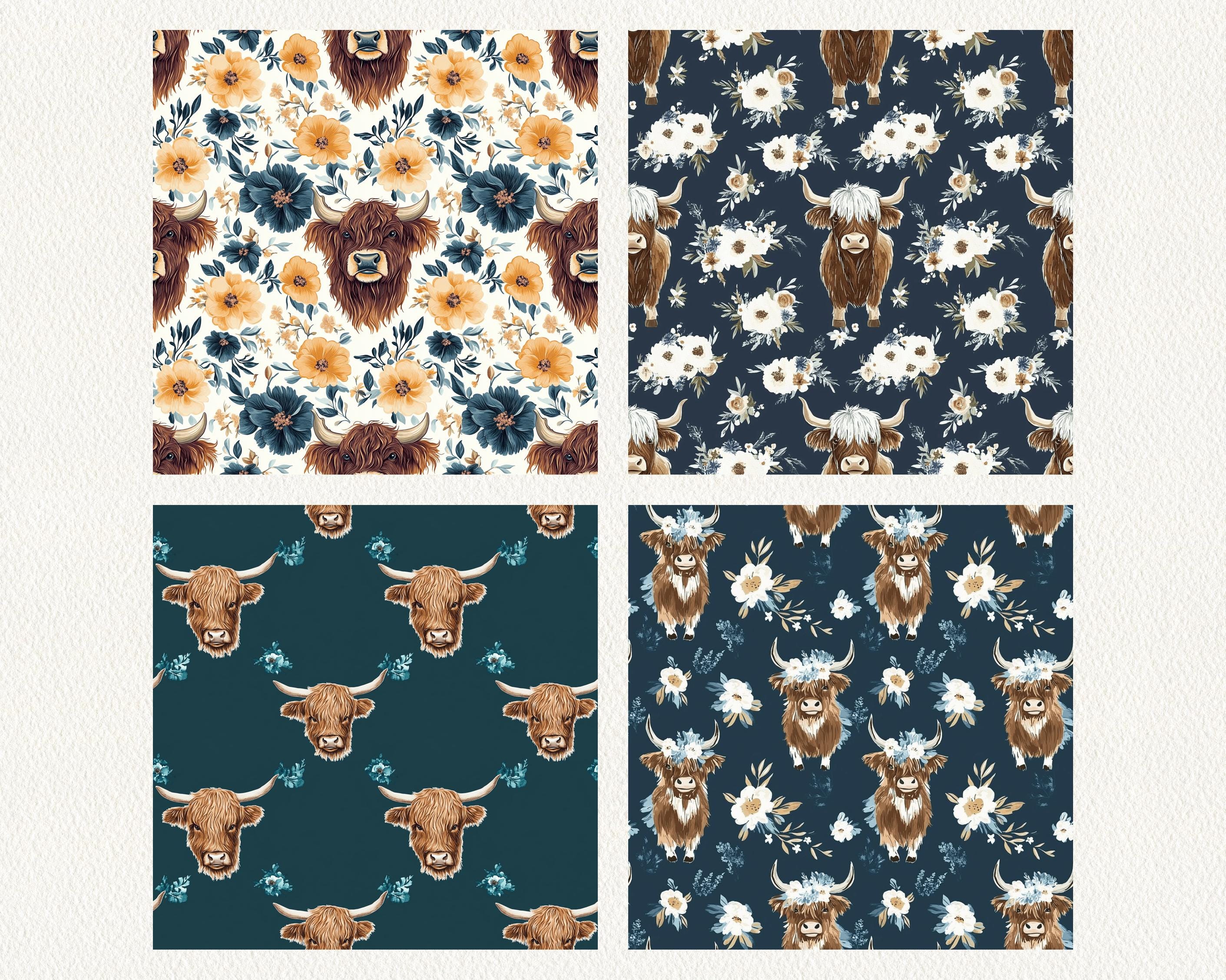 Floral Highland Cow Pattern Seamless Digital Papers - Printable ...