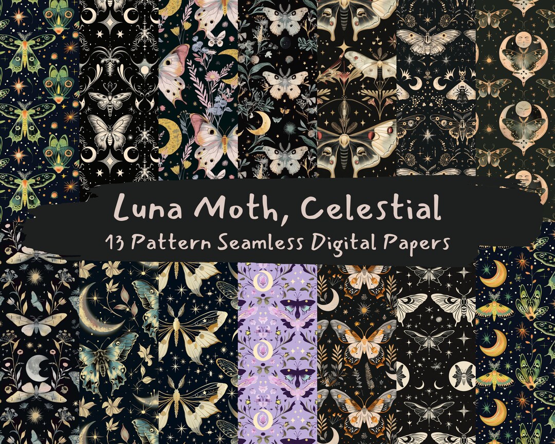 Luna Moth, Celestial Pattern Seamless Digital Papers - Printable ...