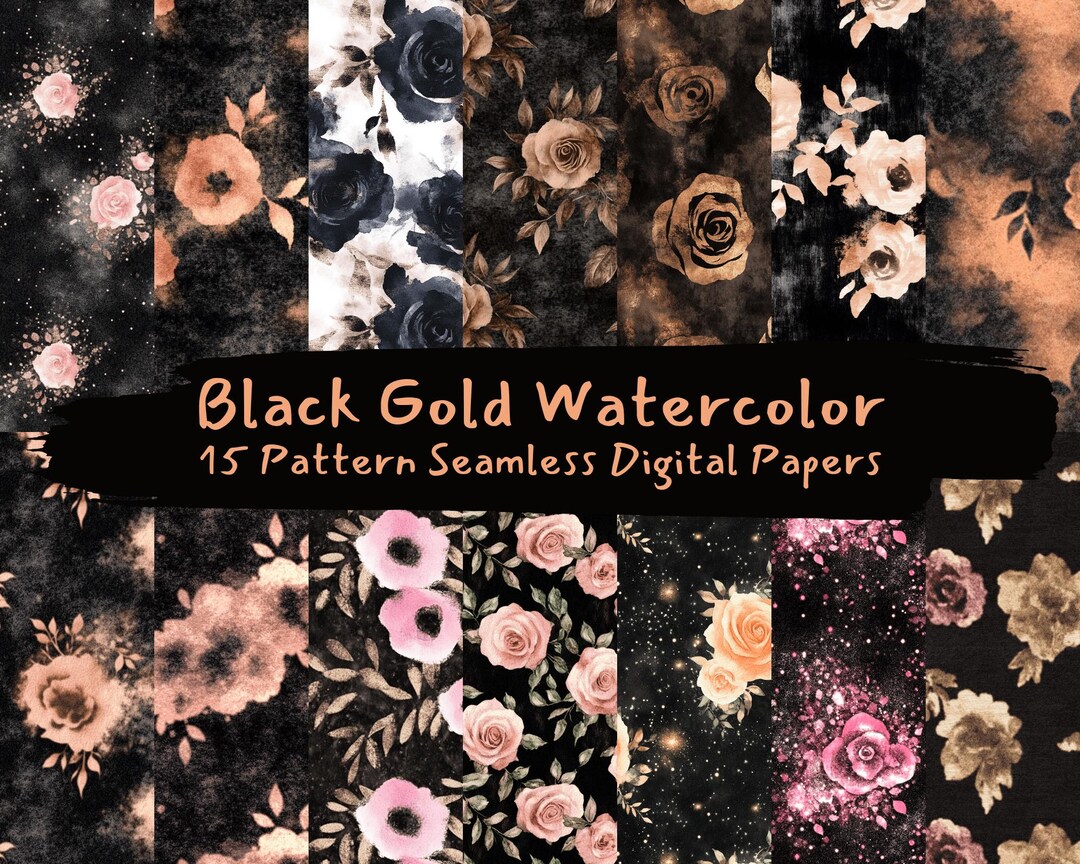 Black Gold Watercolor Pattern Seamless Digital Papers - Printable ...