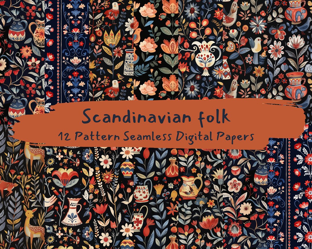 Scandinavian Folk Pattern Seamless Digital Papers - Printable Scrapbook ...