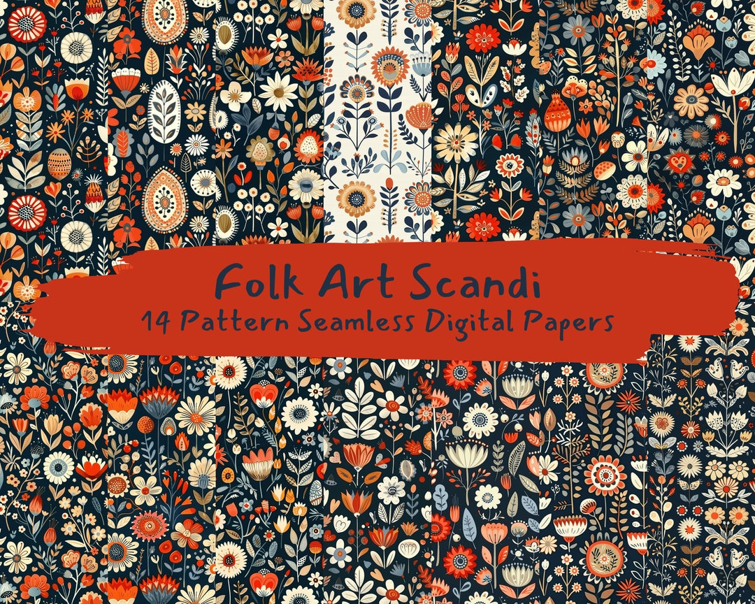 Folk Art Scandi Pattern Seamless Digital Papers - Printable Scrapbook ...