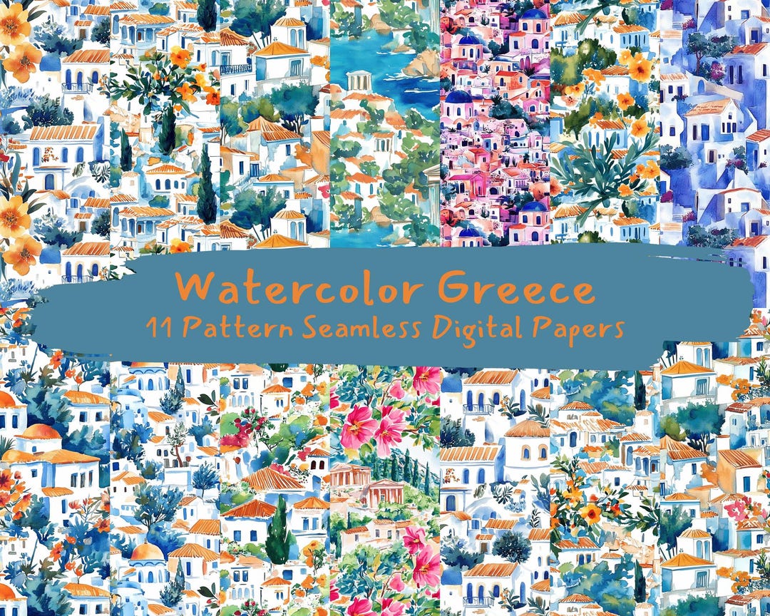 Watercolor Greece Pattern Seamless Digital Papers - Printable Scrapbook ...