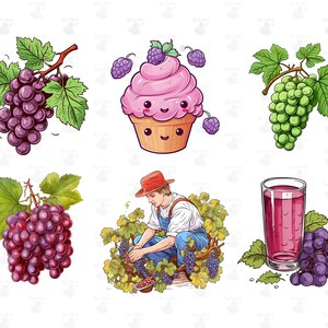 Doodle Grape Digital Printable Clipart Bundle in PNG Format Transparent ...