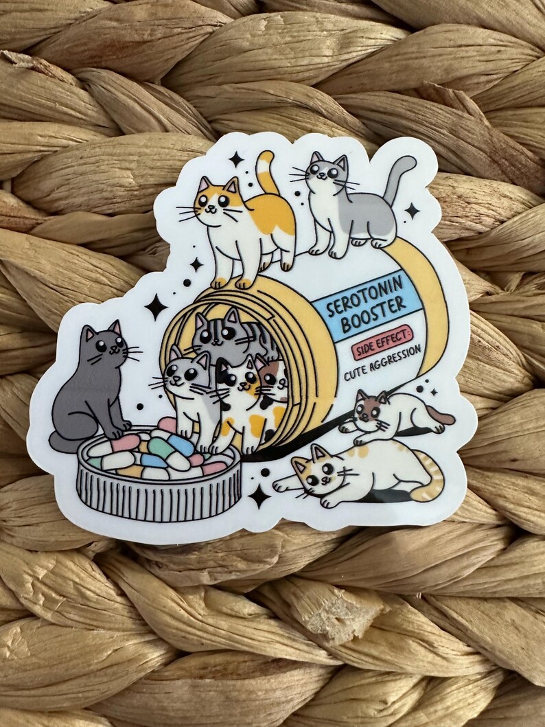 Cat Serotonin Booster Pill Sticker Anxiety Mental Health Vinyl Decal ...