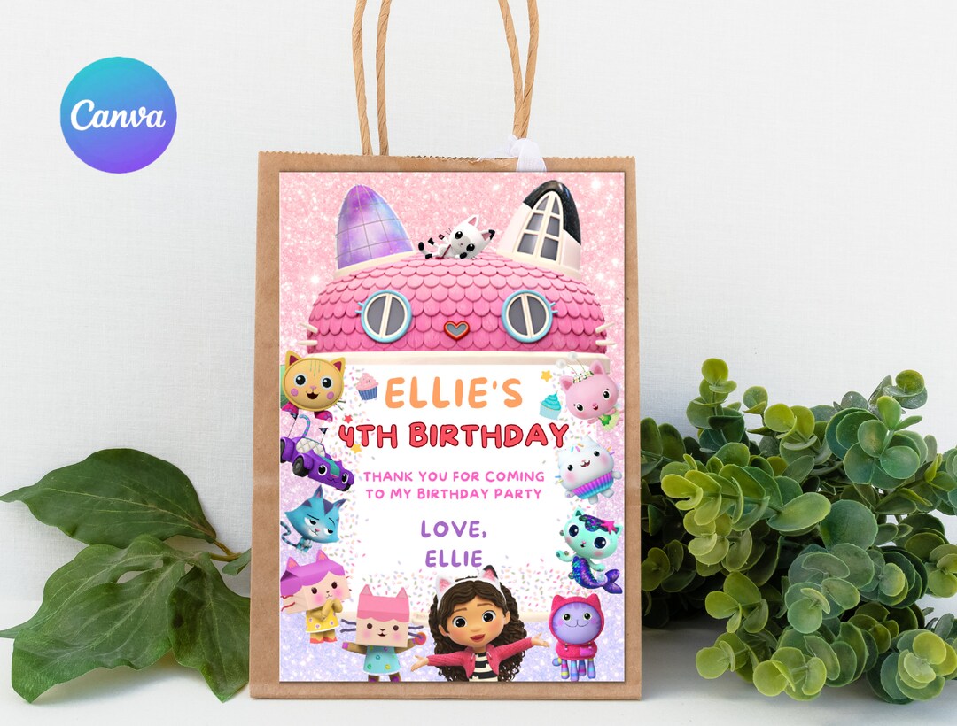 Editable Gabby's Dollhouse Birthday Invitation Gift Bag Label, Digital ...