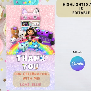 Editable Gabby's Dollhouse Birthday Thank You Tag Template, Printable ...