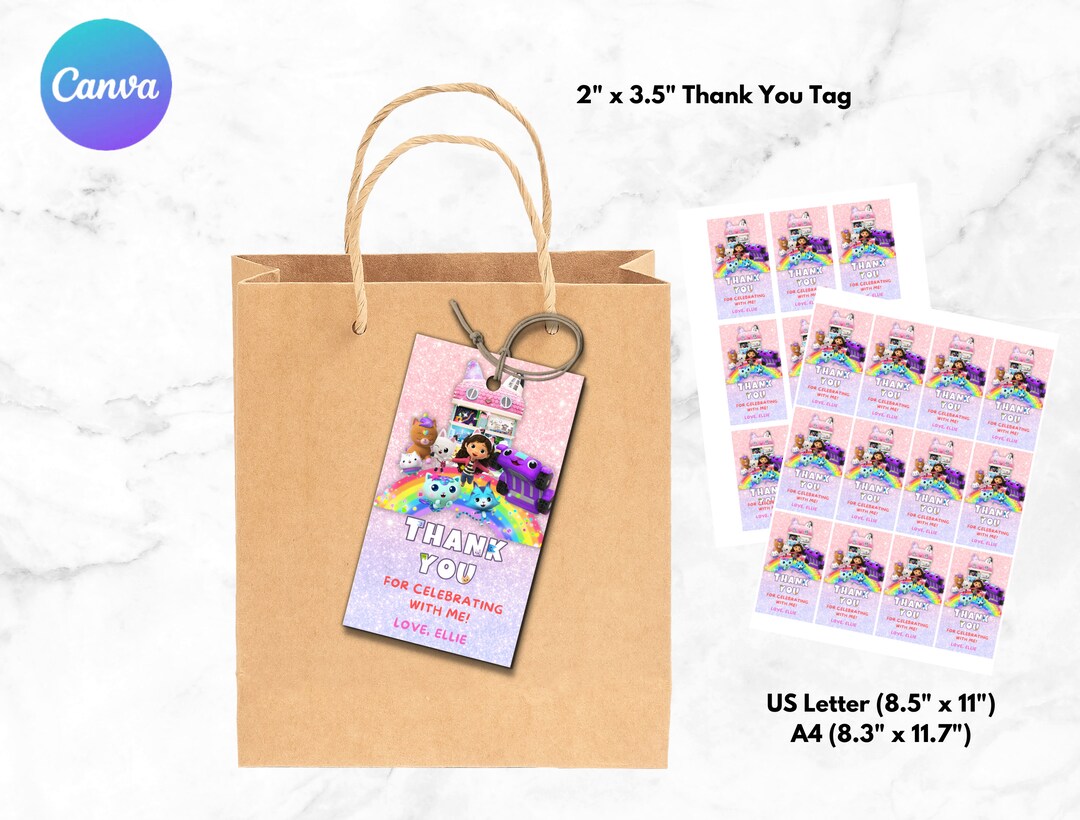 Editable Gabby's Dollhouse Birthday Thank You Tag Template, Printable ...
