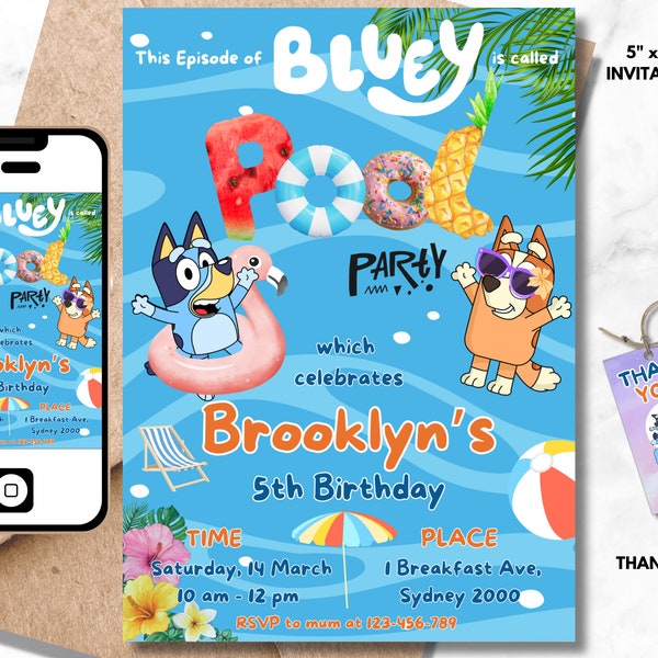 Pool Party Bluey Birthday Invitation - Etsy