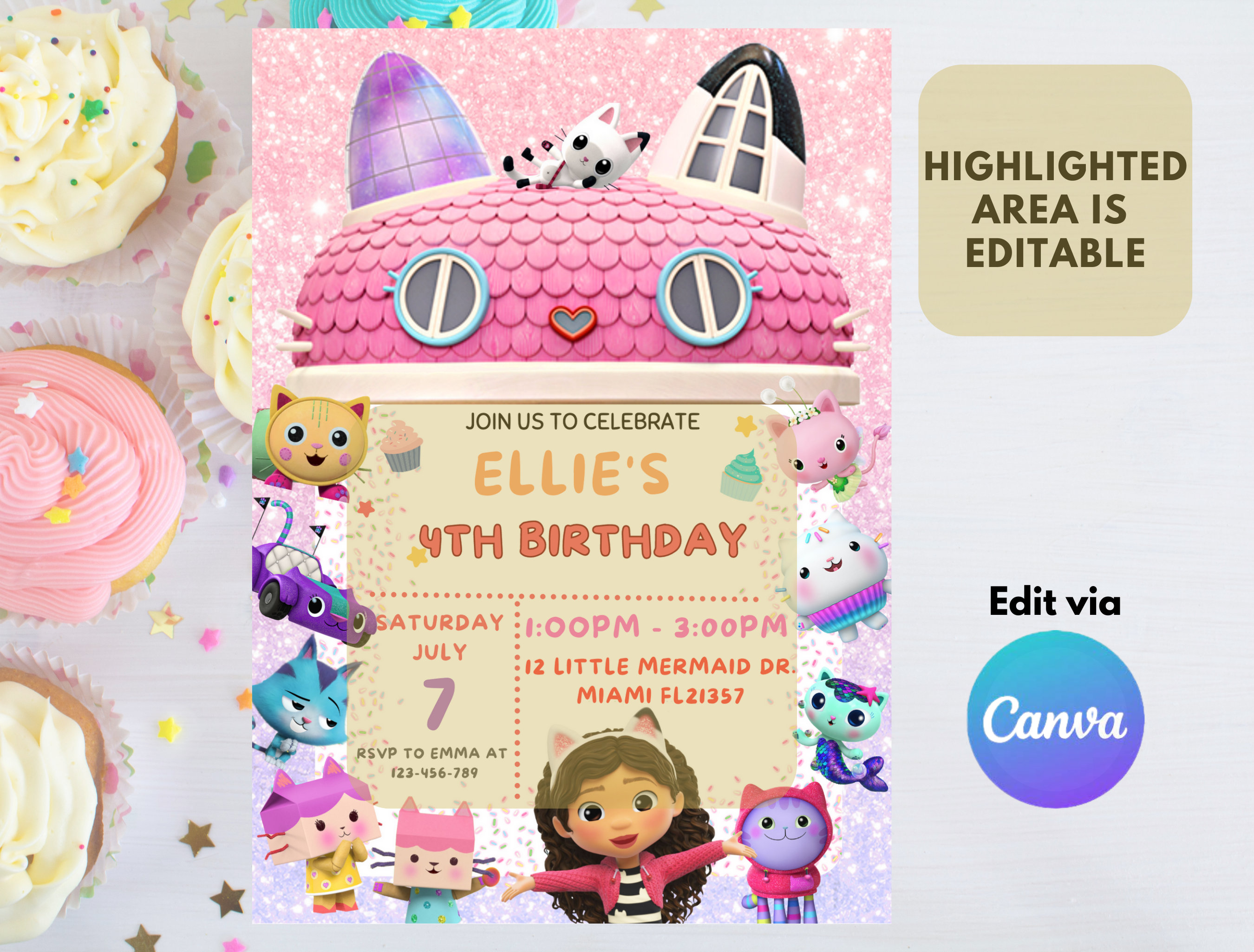 Editable Gabby's Dollhouse Birthday Invitation Template, Digital Gabbys ...