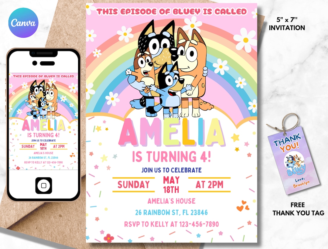 Girl Bluey Birthday Invitation Template, Bluey Invitation, Digital ...