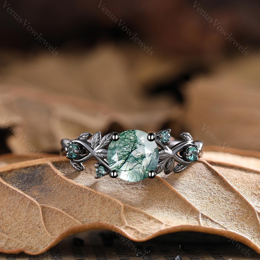 14K Black Gold Vintage Round Cut Moss Agate Ring,engagement Ring ...