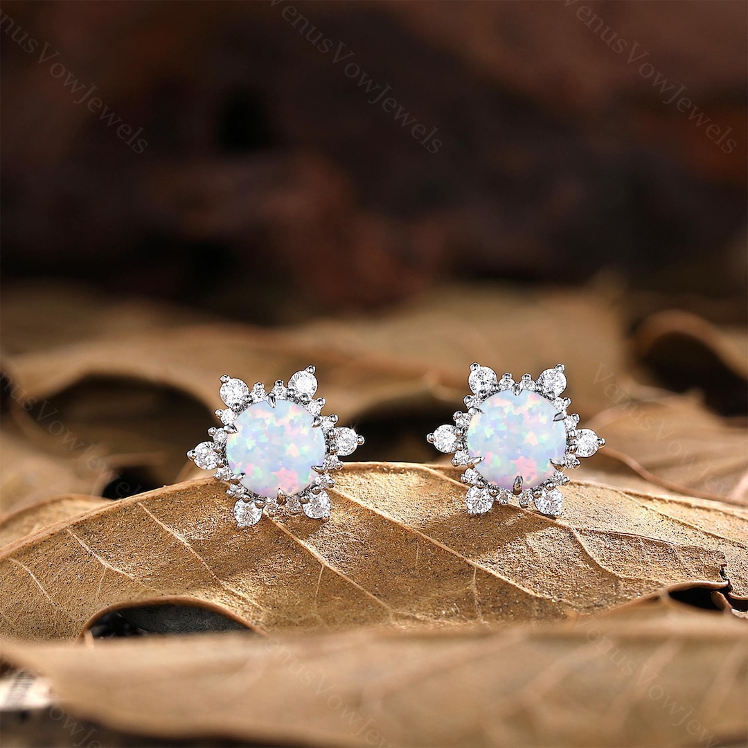 White Opal Earrings,dainty Opal Earrings,round Cut Opal Earrings ...