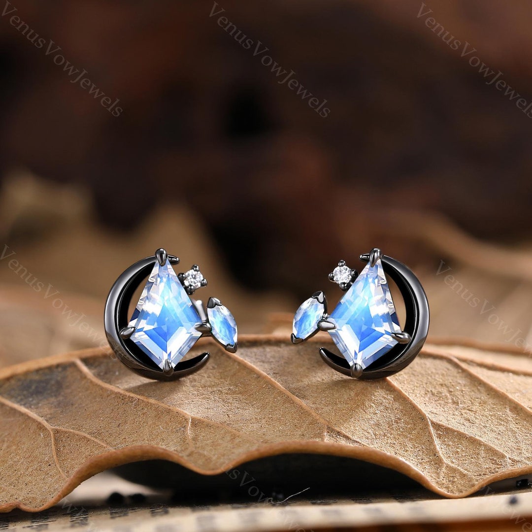 Gothic Kite Cut Moonstone Earrings Black Gold Moon Design Moonstone ...