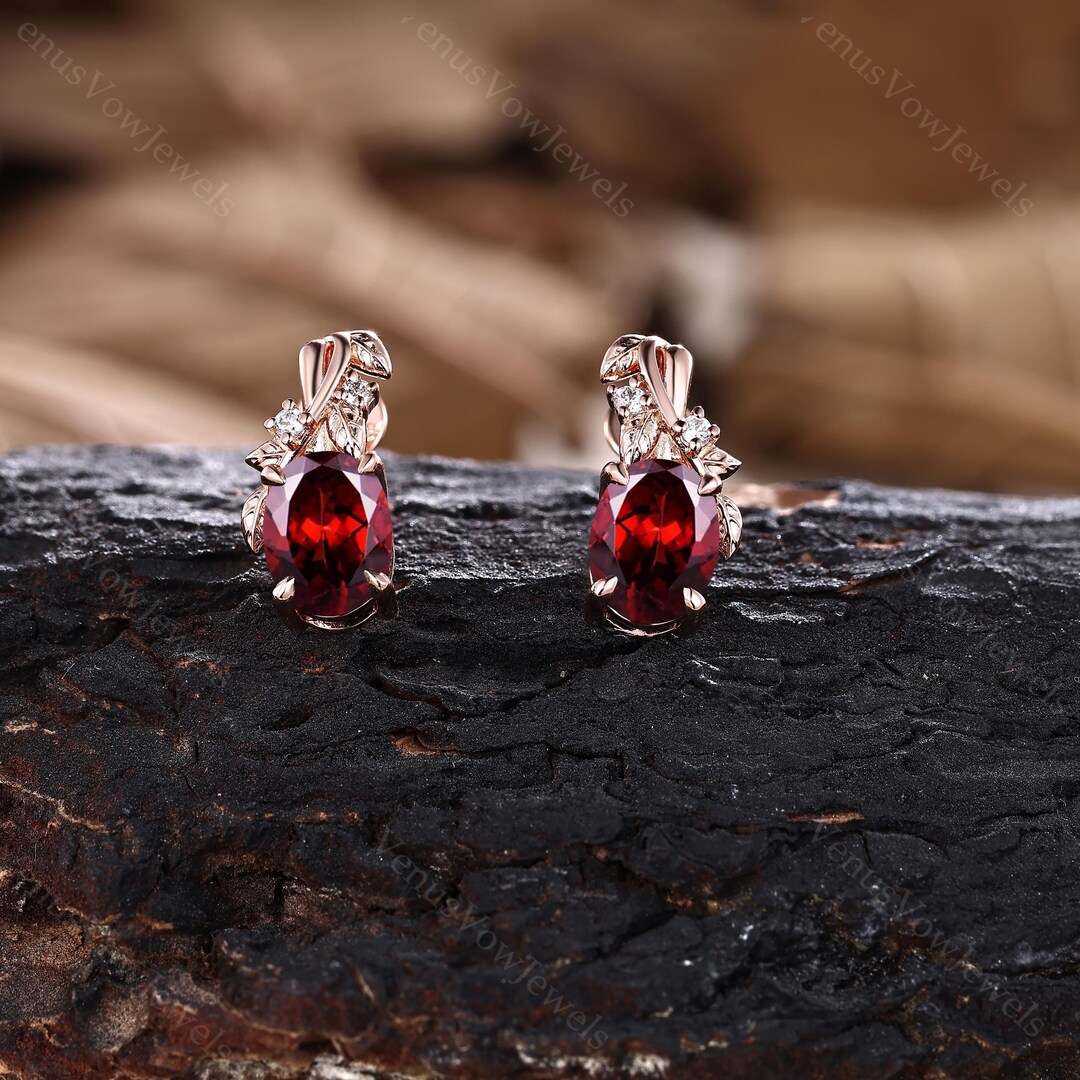 Garnet Rose Gold Winter Engagement Earrings, Leaf Stud Earrings ...