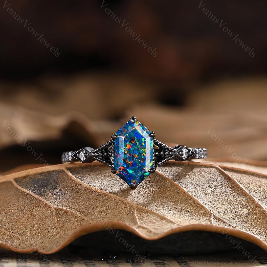 Natural Black Opal Ring Black Gold Black Opal Ring Moissanite Ring ...