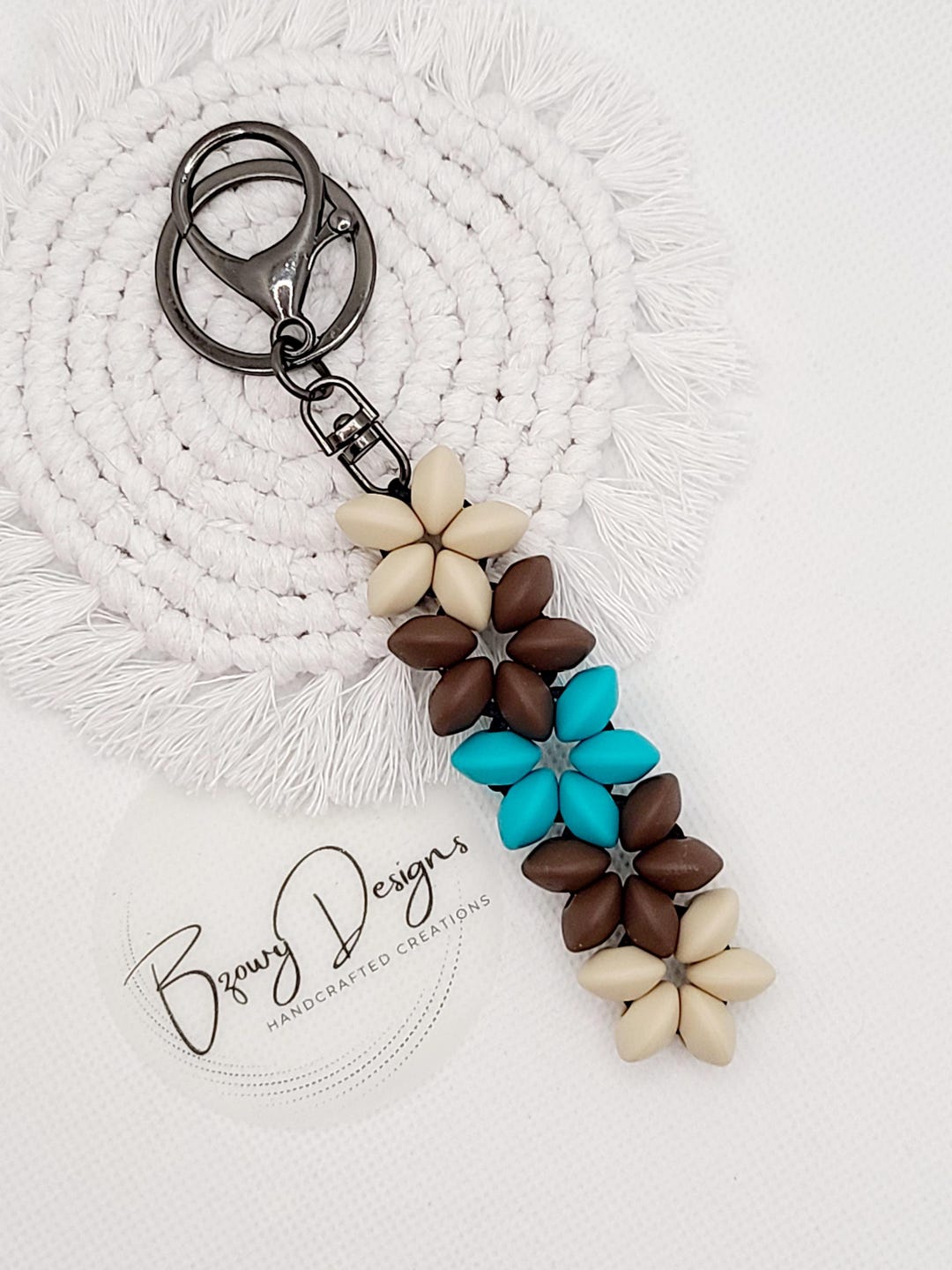 5 Flower Silicone Beaded Keychain - Beige, Brown, & Turquoise - Etsy