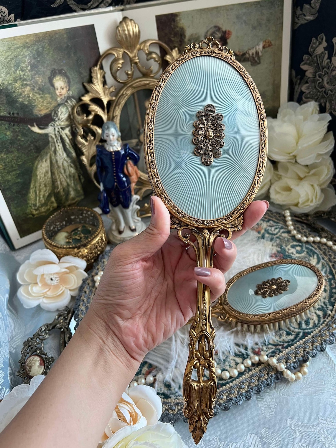 Antique Apollo Studios Art Deco Inlaid Medallion Hand Mirror &brush ...