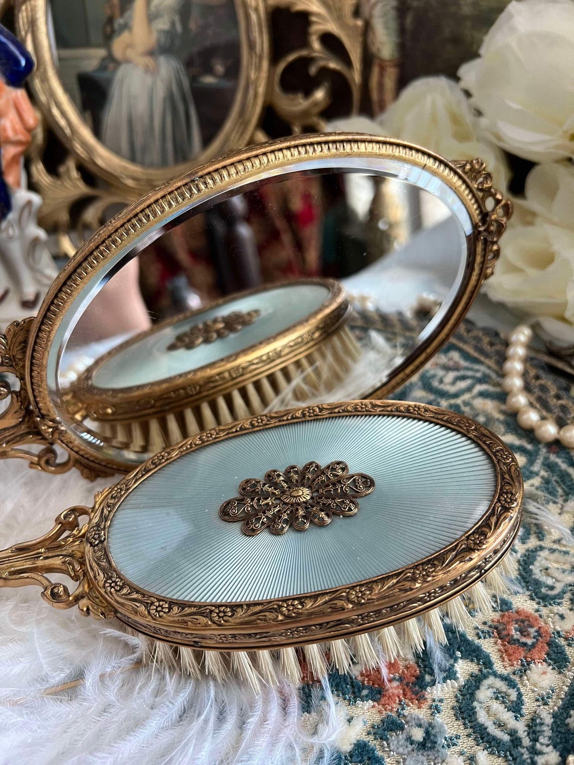 Antique Apollo Studios Art Deco Inlaid Medallion Hand Mirror &brush ...