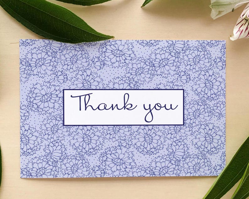 Sky Blue Thank You Cards – Elegant Floral Linework Notecards | Set of 6 ...