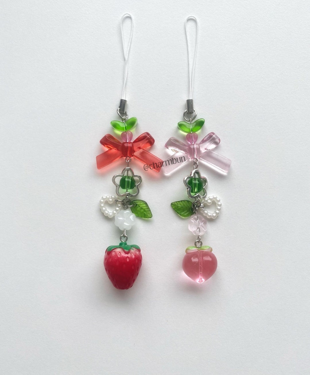 Strawberry Peach Keychain | Cute Flower Heart Bow Keyring Pendant ...