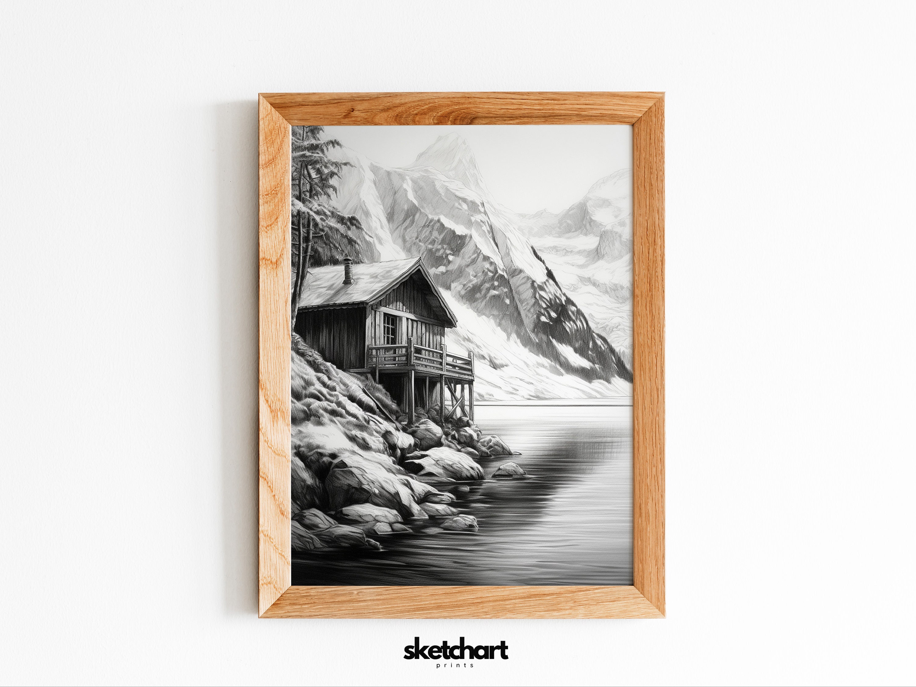 Cabin at the Fjord Sketch | Realistic Drawing | Scandinavian Print ...